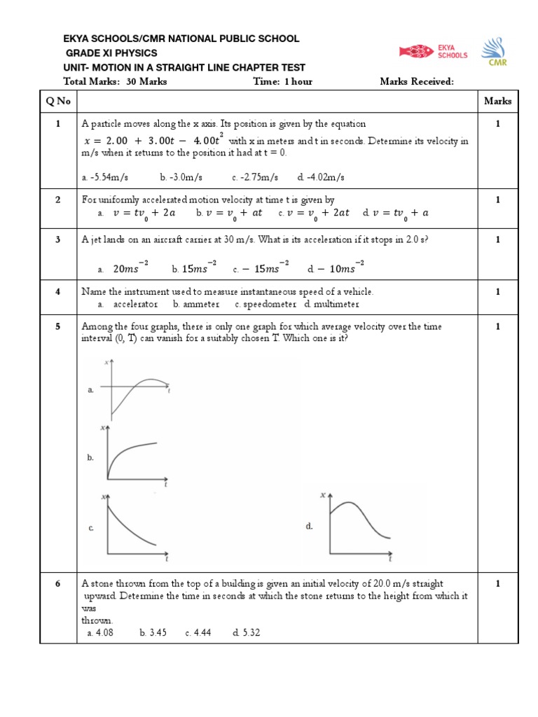 Class 11 Motion in a Straight Line Test | PDF | Velocity | Acceleration