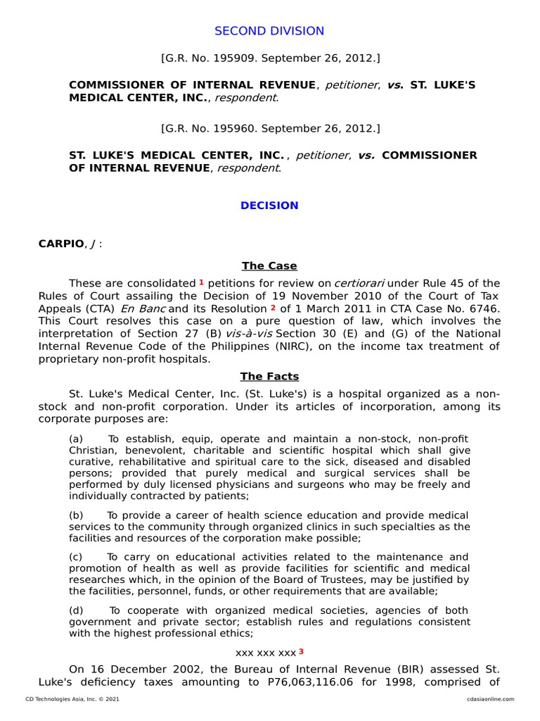 Commissioner of Internal Revenue vs. St. Lukes Medical Center Inc. 682 ...
