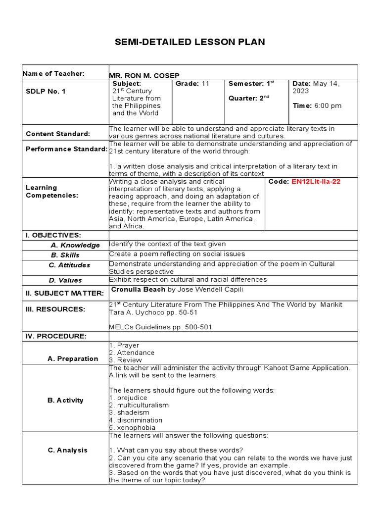 LESSON DESIGN DOC GONZALES RONs GROUP CRONULLA BEACH | PDF | Learning | Lesson Plan