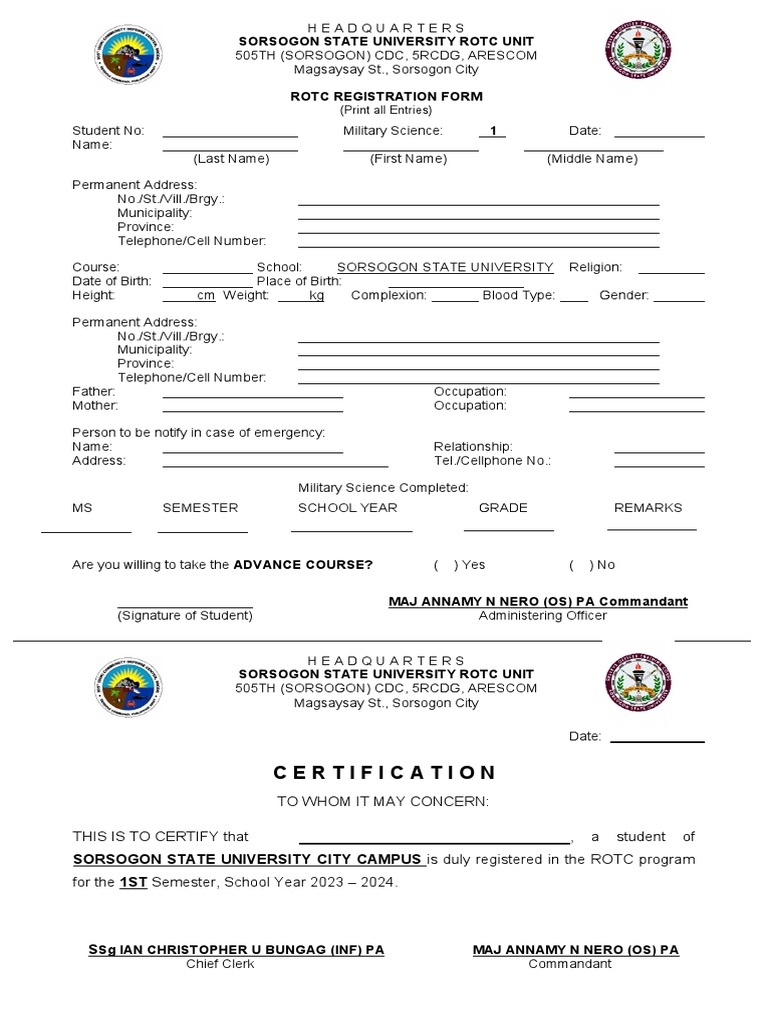 ROTC Registration Form Parents Consent | PDF