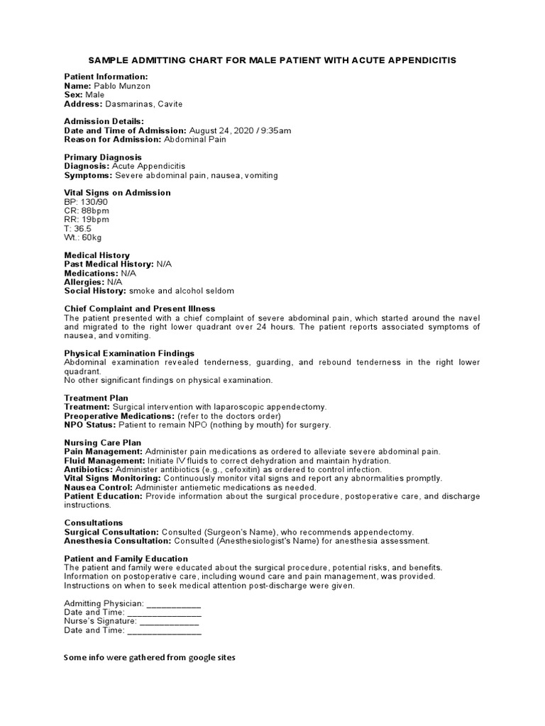 Sample Admitting Chart For Male Patient With Acute Appendicitis | PDF
