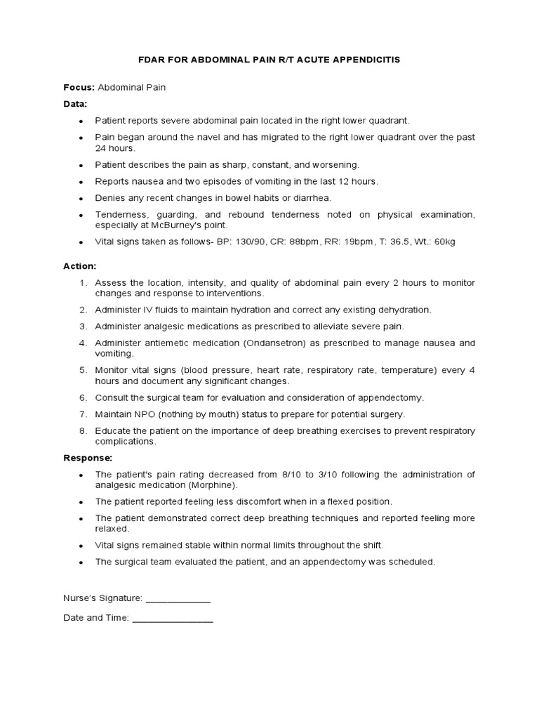 Fdar For Abdominal Pain Related To Acute Appendicitis | PDF
