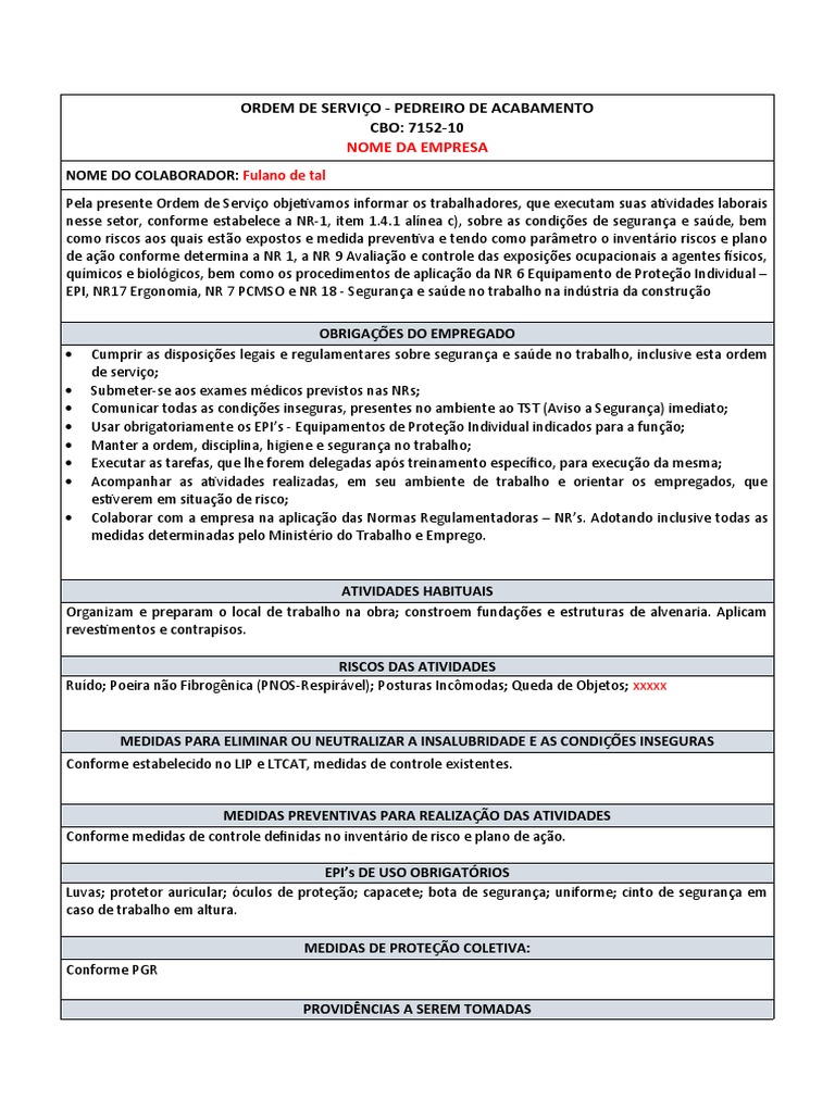 Modelo o.s - Pedreiro de Acabamento | PDF
