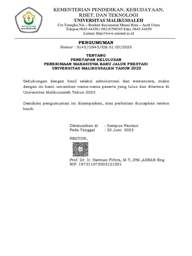 Pengumuman Kelulusan PMB Prestasi 2023 Sign Sign | PDF