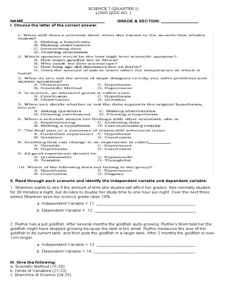 Science 7 Quiz: Variables & Methods | PDF
