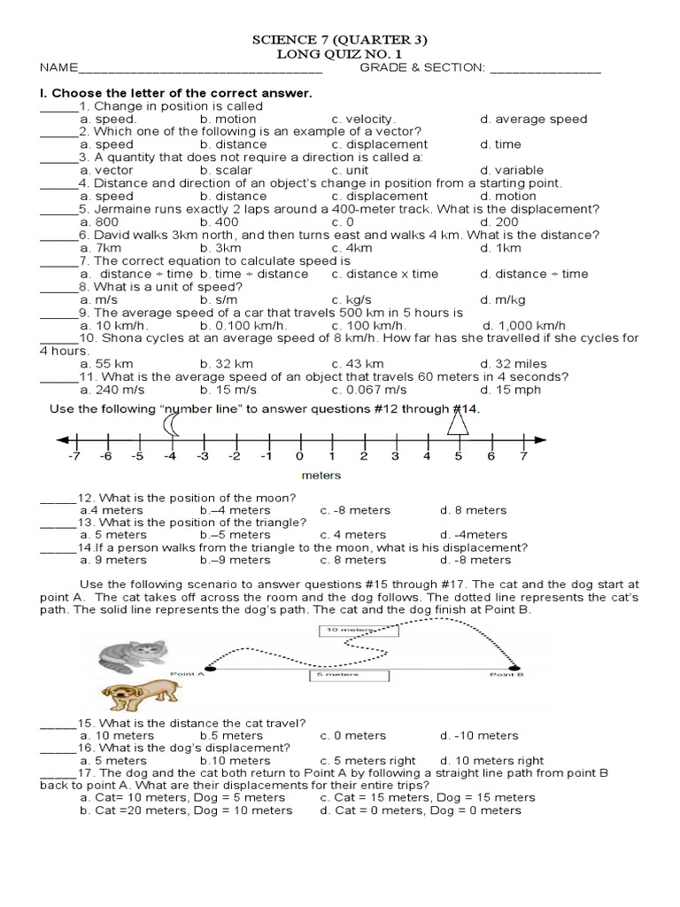 Long Quiz About Distance, Displacement and Speed | PDF