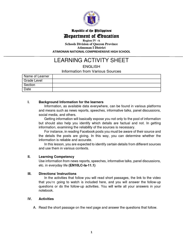 Las Q1 WK 1 Sample | PDF