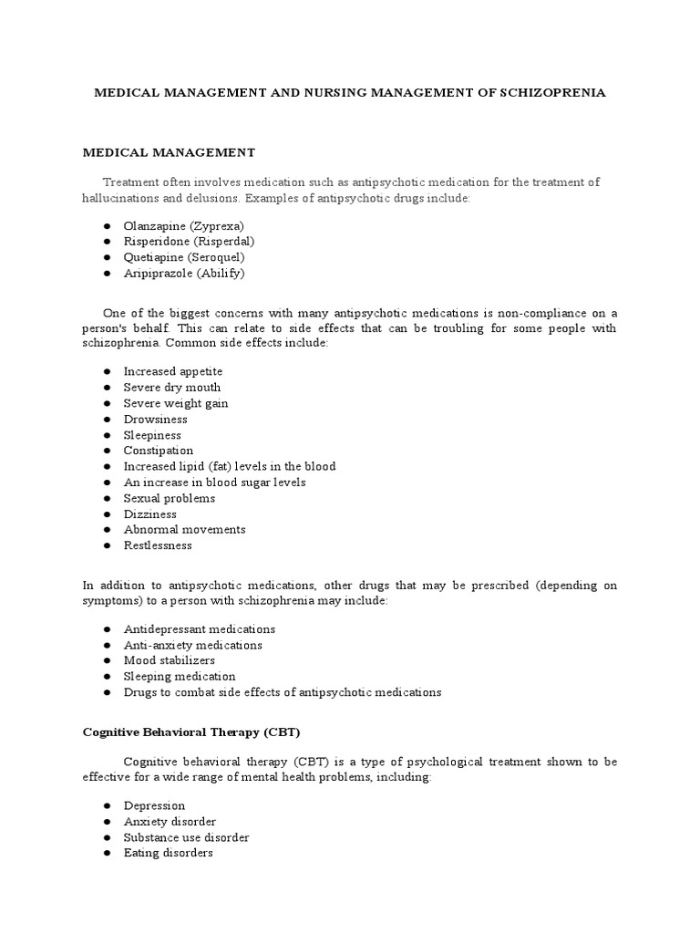 Medical Management and Nursing Management of Schizoprenia | PDF