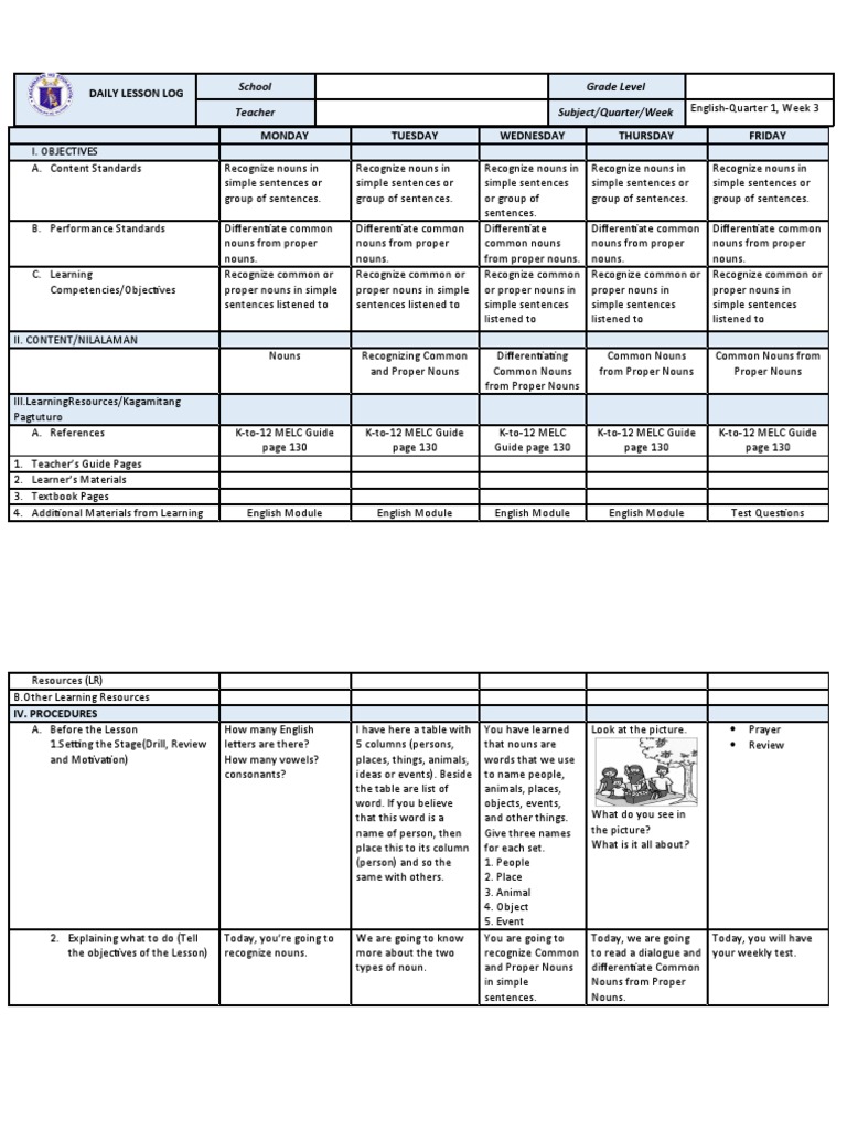 DLL English-2 Q1 W3 | PDF | English Language | Noun