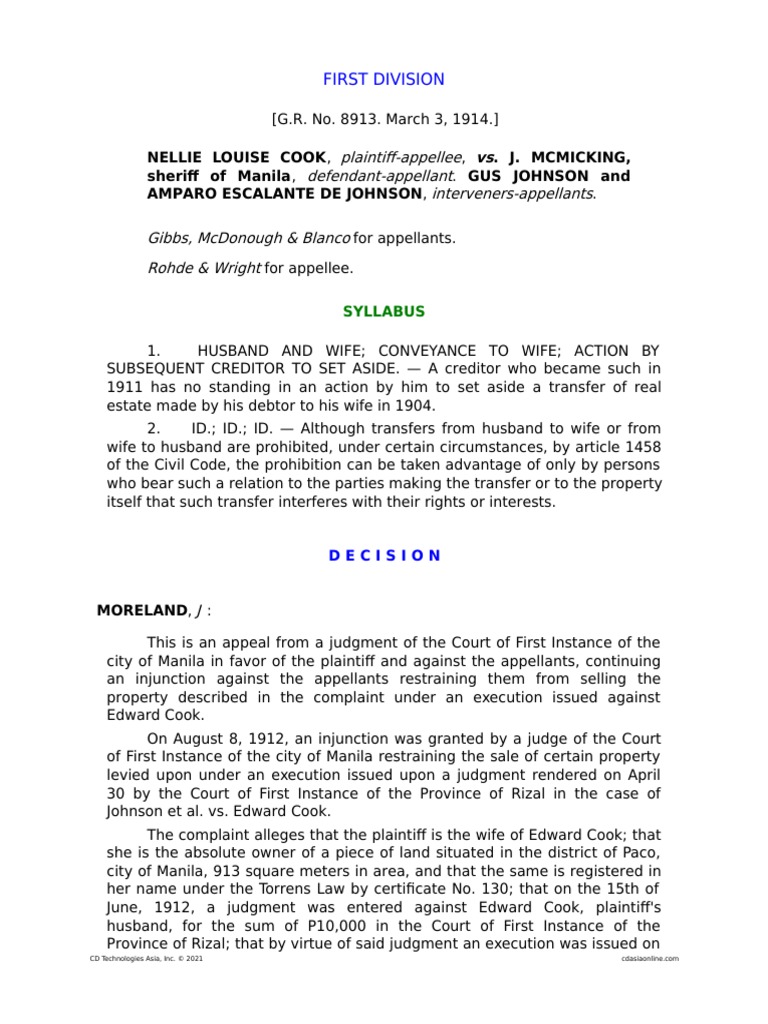 Cook vs. McMicking, 27 Phil. 10 (1914) (Art. 1490) | Download Free PDF ...