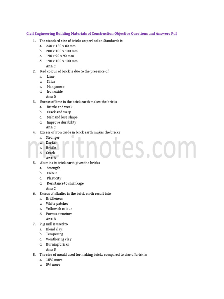 Building Materials Construction Objective Questions | PDF