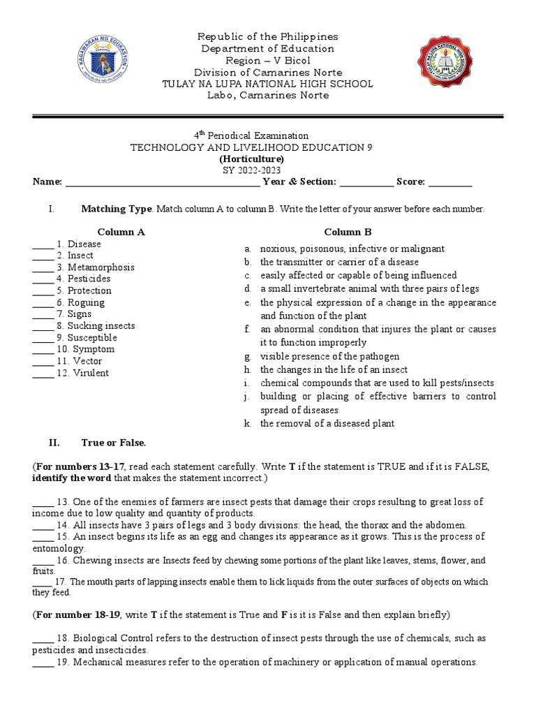 Q4 G10 EXAM No Answer Key | PDF | Mulch | Vegetables
