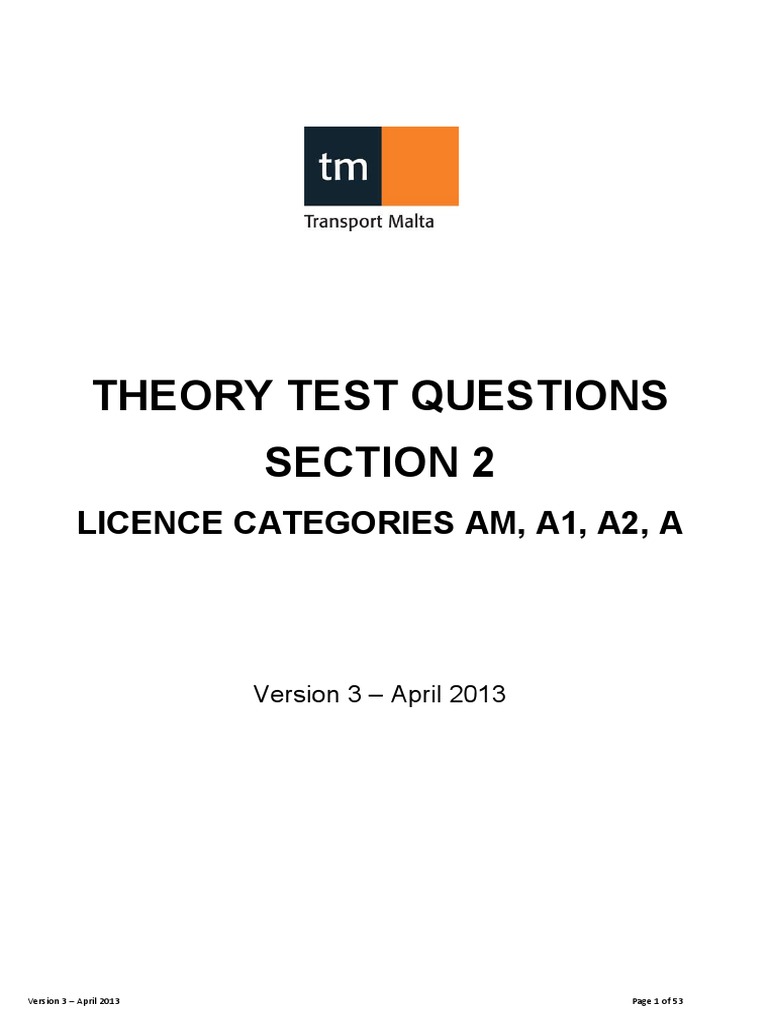 Theory Test Questions Section 2 Categories Am, A1, A2, A | PDF ...