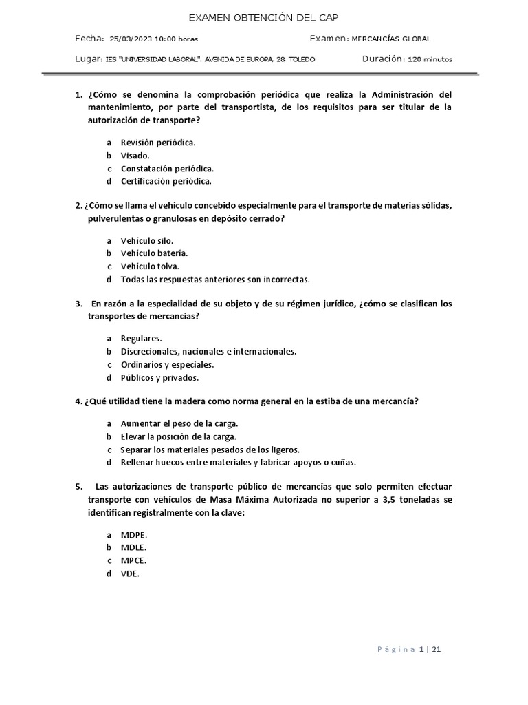 Examen CAP Mercancías Toledo 2023 | PDF | Transporte | Coche