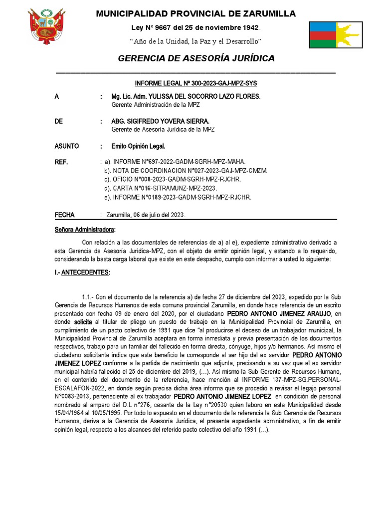 Informe Legal Pedro Jimenez | PDF | Derecho laboral | Sindicato