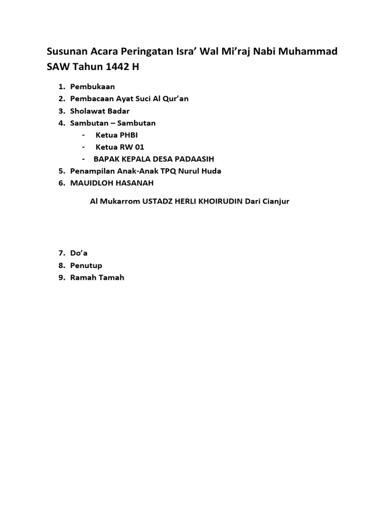 Susunan Acara Peringatan Isra Wal Mi'Raj | PDF | Agama & Spiritualitas