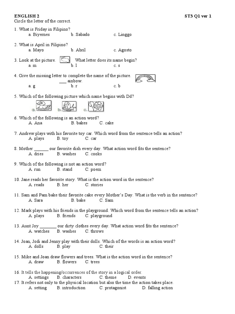 English Grade 2 Quarter 1 Summative Test 3 | Download Free PDF ...