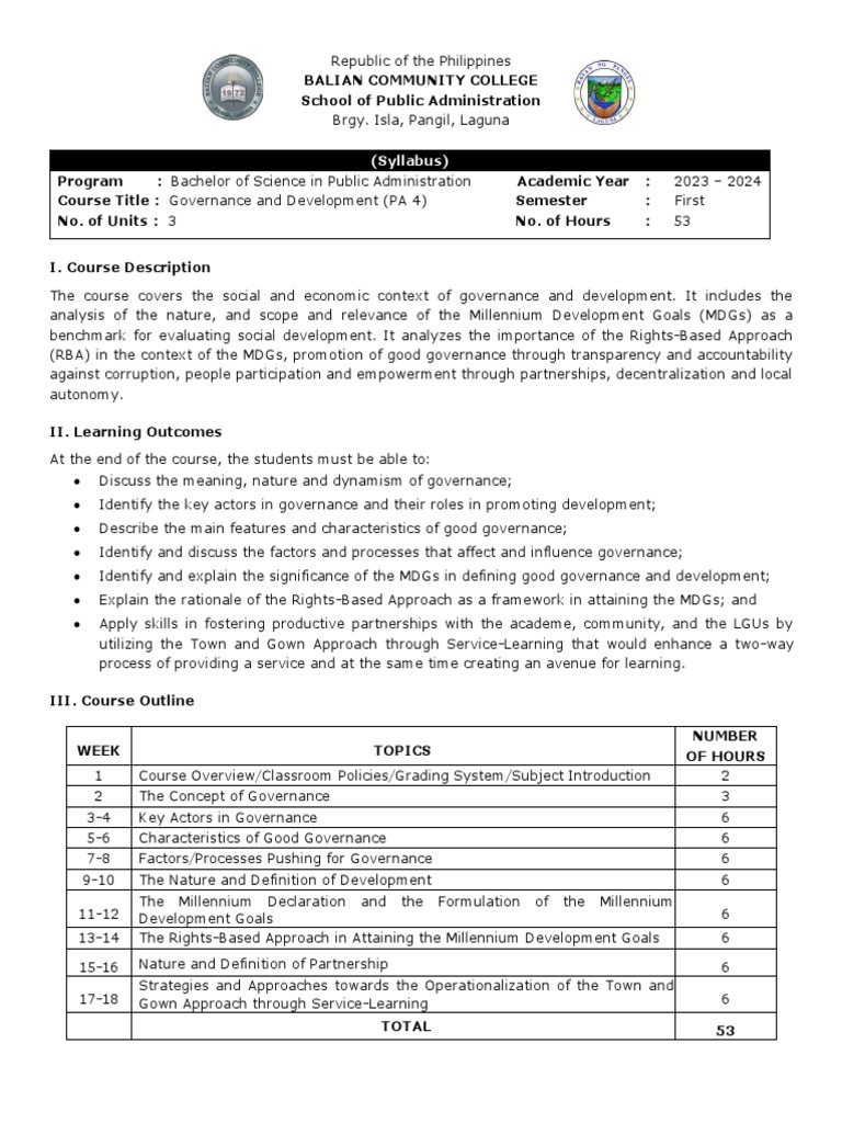 BCC 2023 2024 1s Bspa 4 DC Governance and Development Syllabus | PDF ...