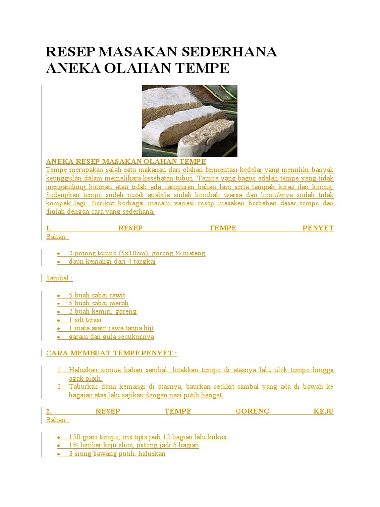 Resep Masakan Aneka Olahan Tempe | PDF