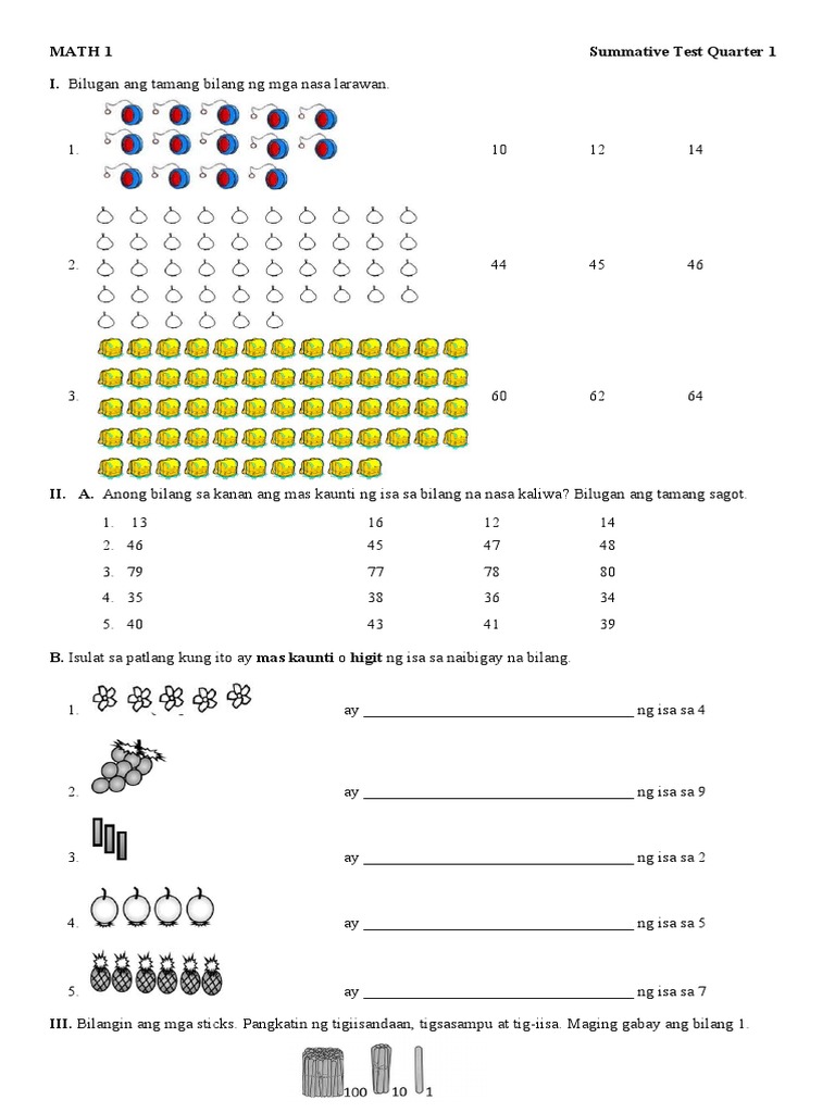 Math Grade 1 Quarter 1 Summative Test 1 | PDF