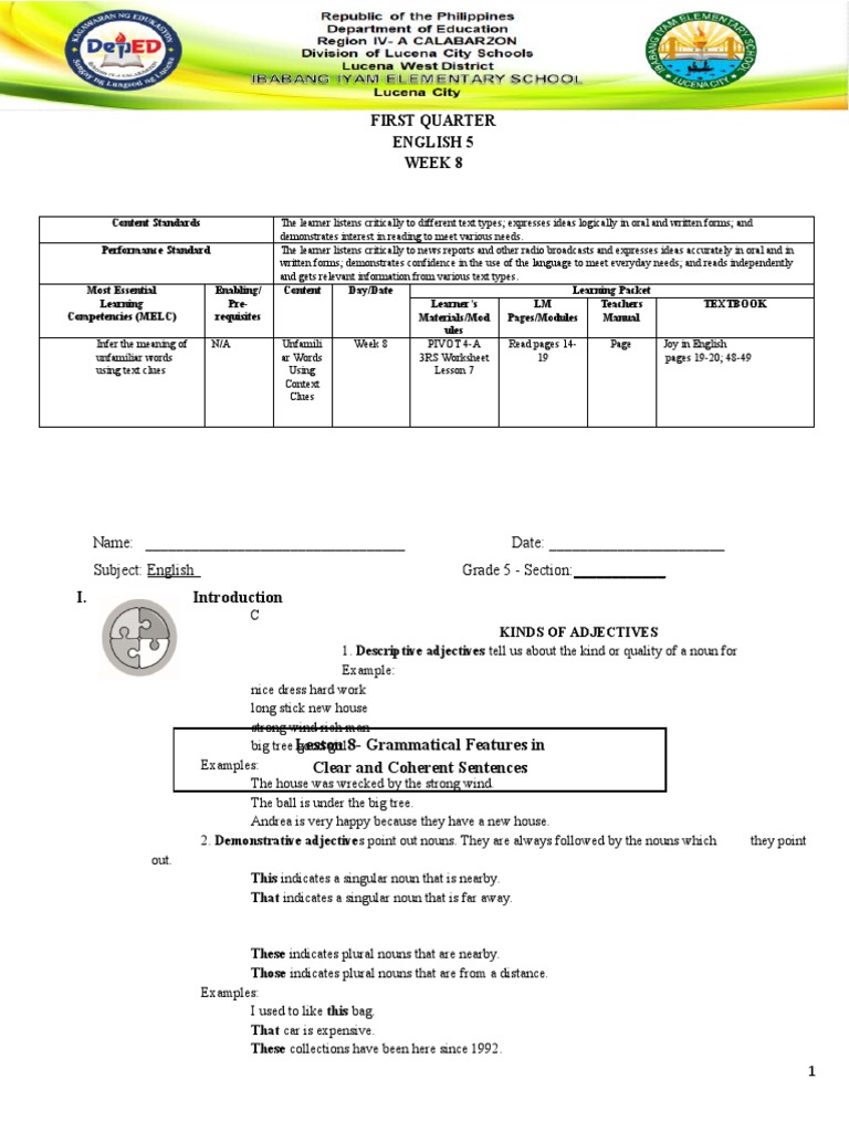 Q1-Week-8 (Real) - English | PDF | Noun | Adjective