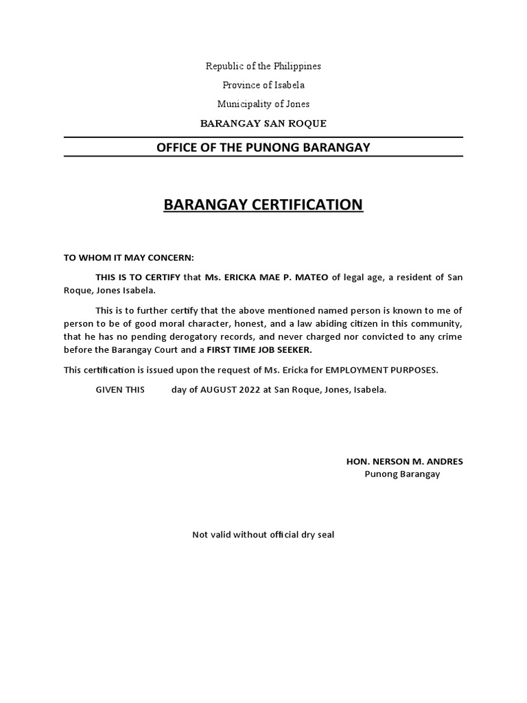 Barangay Certification for Employment | PDF | Wellness