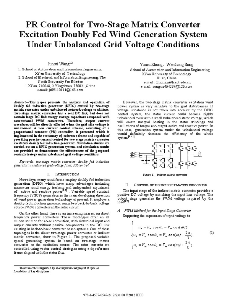 PR Control For Two-Stage Matrix Converter Excitation Doubly Fed Wind Generation System Under ...