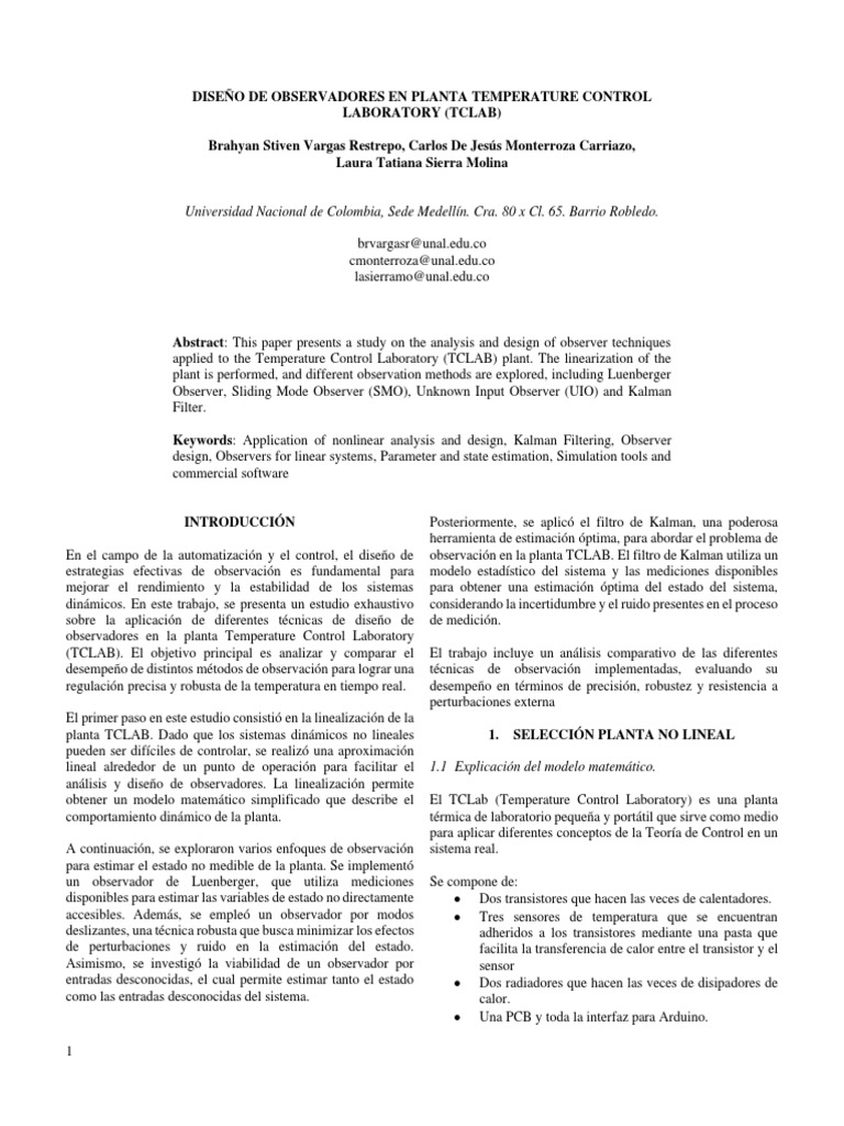 Diseño de observadores para TCLAB | PDF | Filtro Kalman | Matriz ...