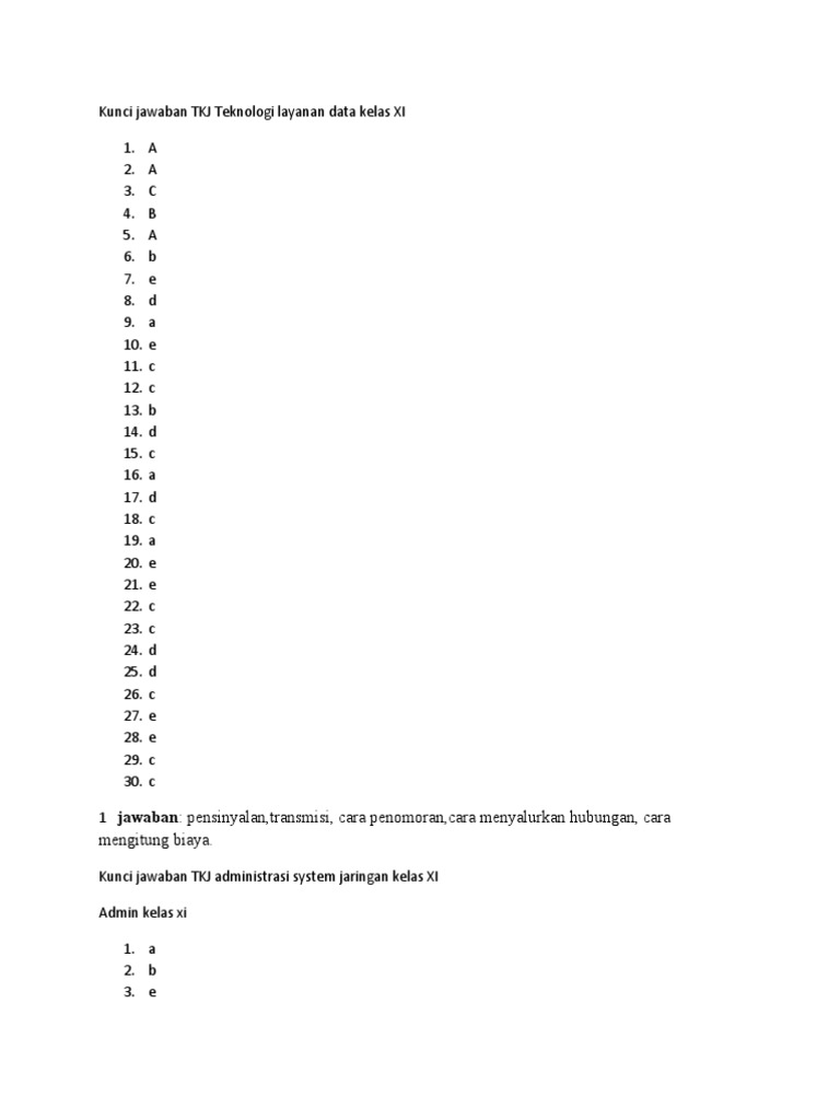 Kunci Jawaban TKJ Teknologi Layanan Data Kelas XI | PDF