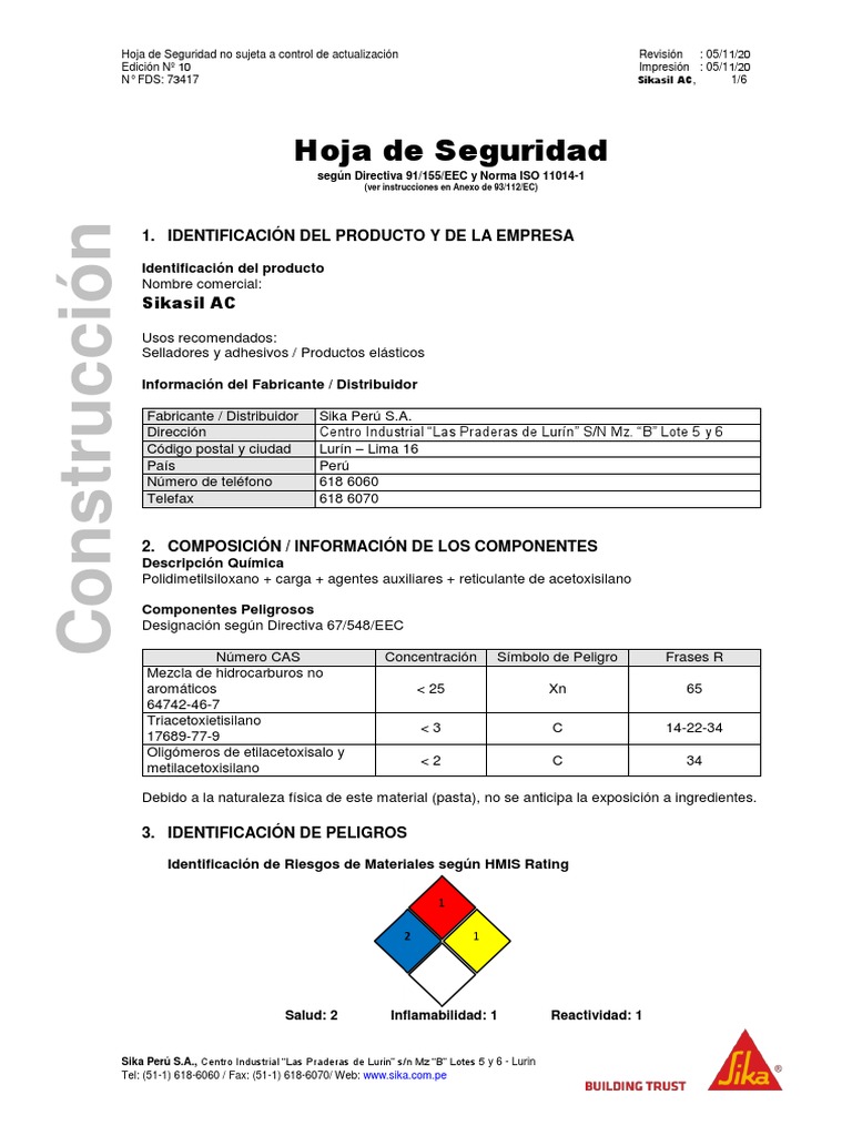B. MSDS Sikasil-2020 | PDF | Química