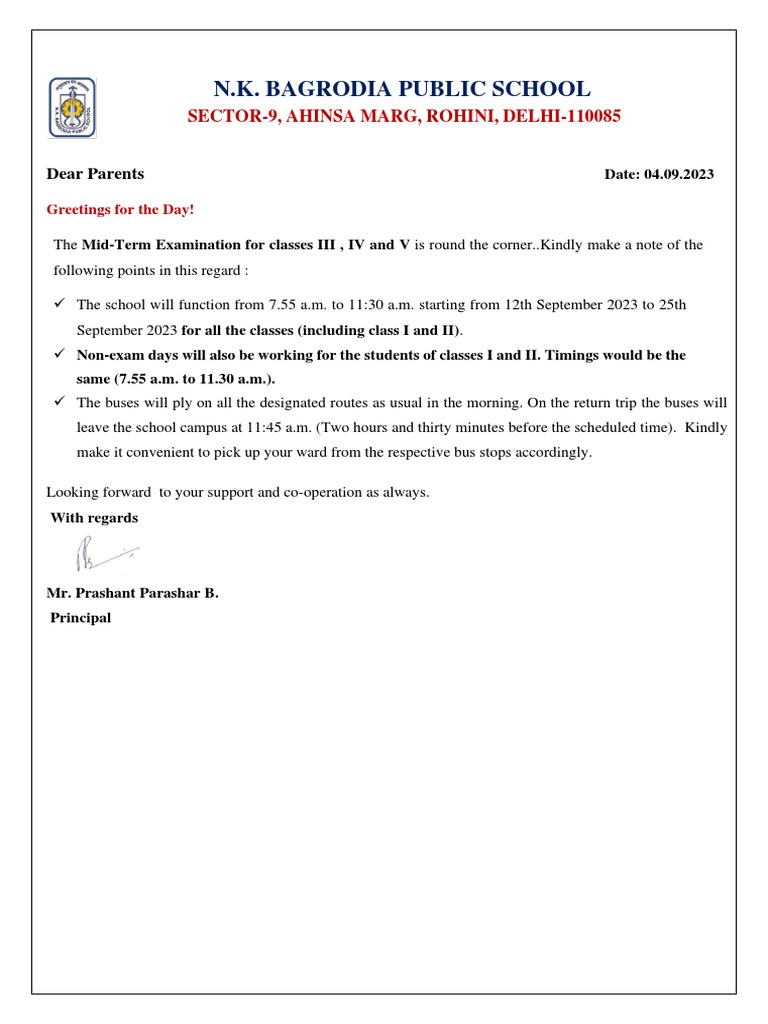 Important Circular For Classes I and II (Half Days) | PDF