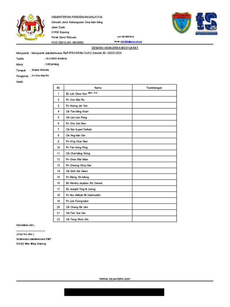 Senarai Kehadiran Mesyuarat RMT 2023 | PDF