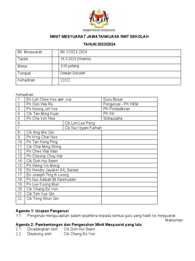 Minit Mesyuarat RMT 2023-1 | PDF