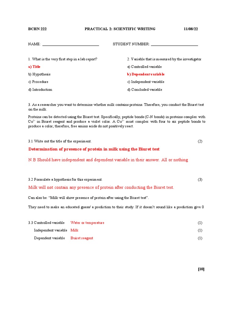 BCHN 222 PRACTICAL 2 - Practical Test - Memo | PDF
