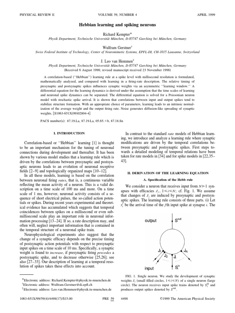 Hebbian Learning and Spiking Neurons | PDF | Chemical Synapse | Action ...