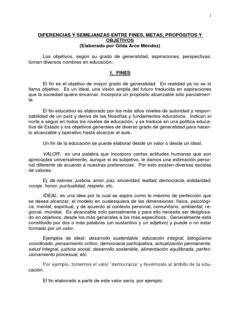 Diferencias Entre Fines, Metas, Propósitos, Objetivos | PDF | Maestros | Aprendizaje