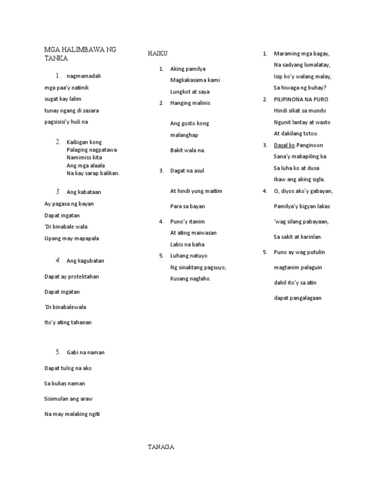 Mga Halimbawa NG Tanka | PDF