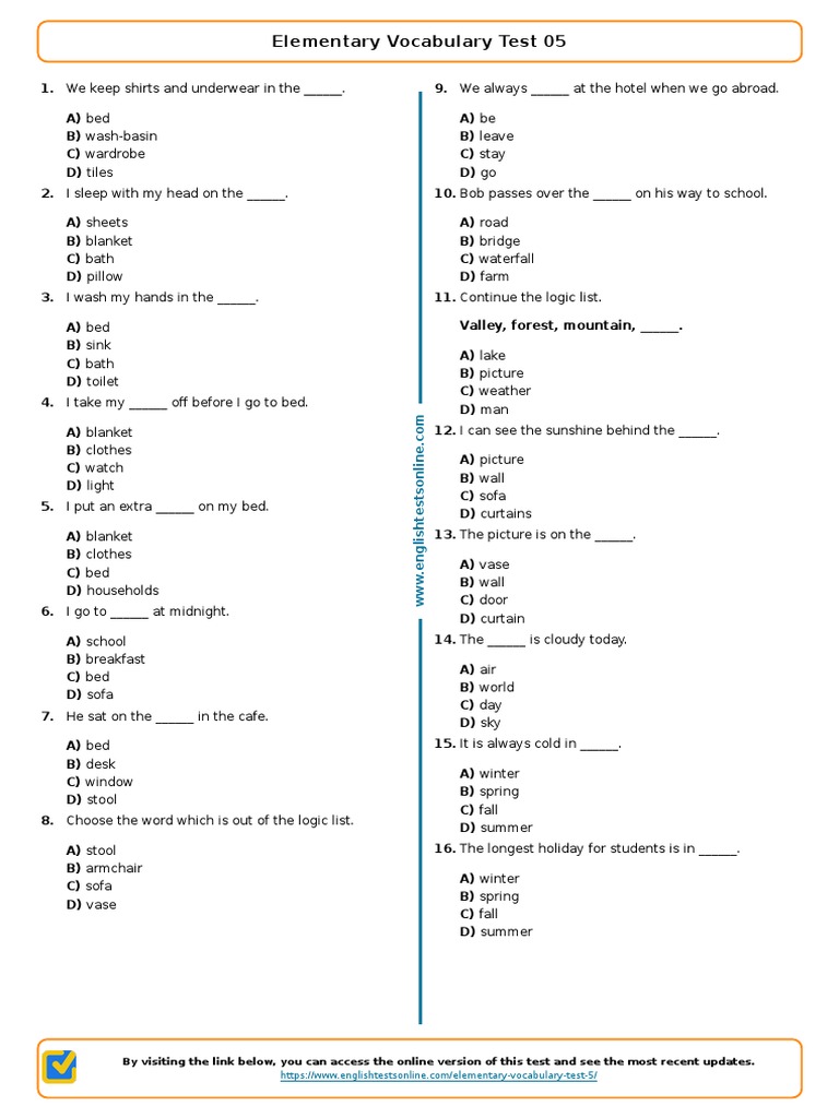 1618 Elementary Vocabulary Test 05 | PDF