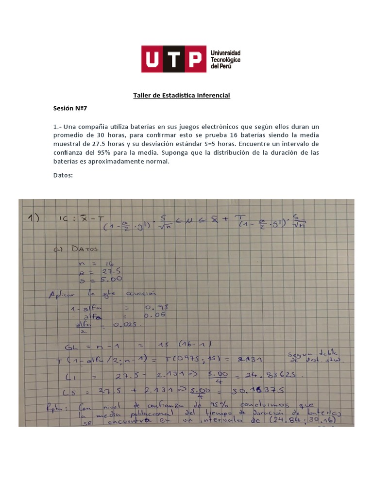 S04.s1Taller N 1 Ejercicios de Distribucion Muestral e IC | PDF | Intervalo de confianza ...