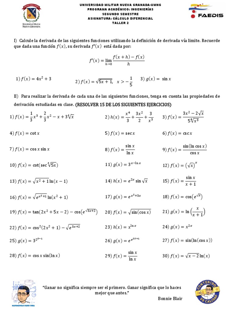 Taller 2-Calculo Diferencial | PDF | Derivado | Funciones y mapeos