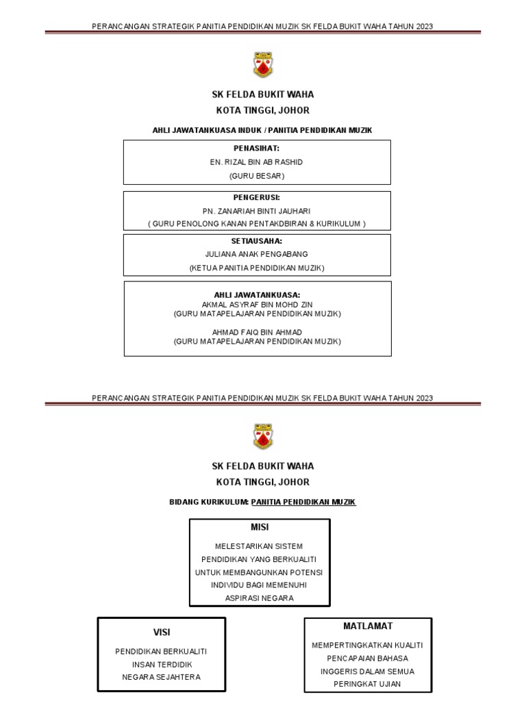 PERANCANGAN STRATEGIK PANITIA PENDIDIKAN MUZIK SK FELDA BUKIT WAHA TAHUN 2023 | PDF