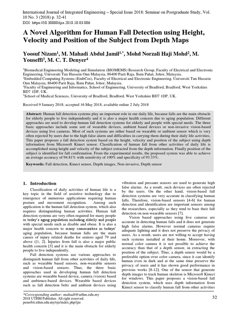 Kinect Based Fall Detection Algorithm Pdf Accelerometer Wearable Technology