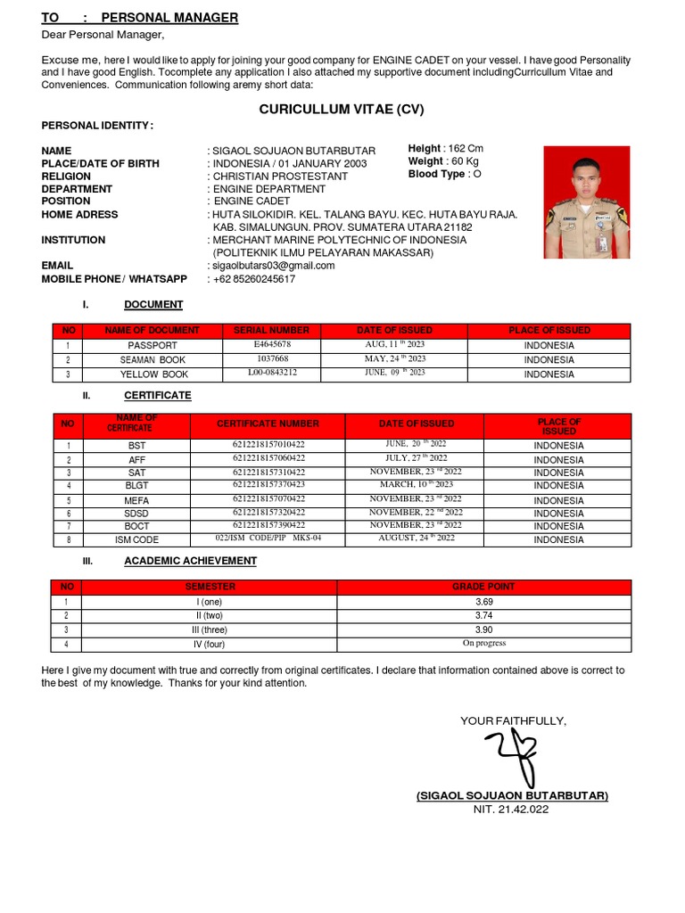 Engine Cadet Application & CV | PDF