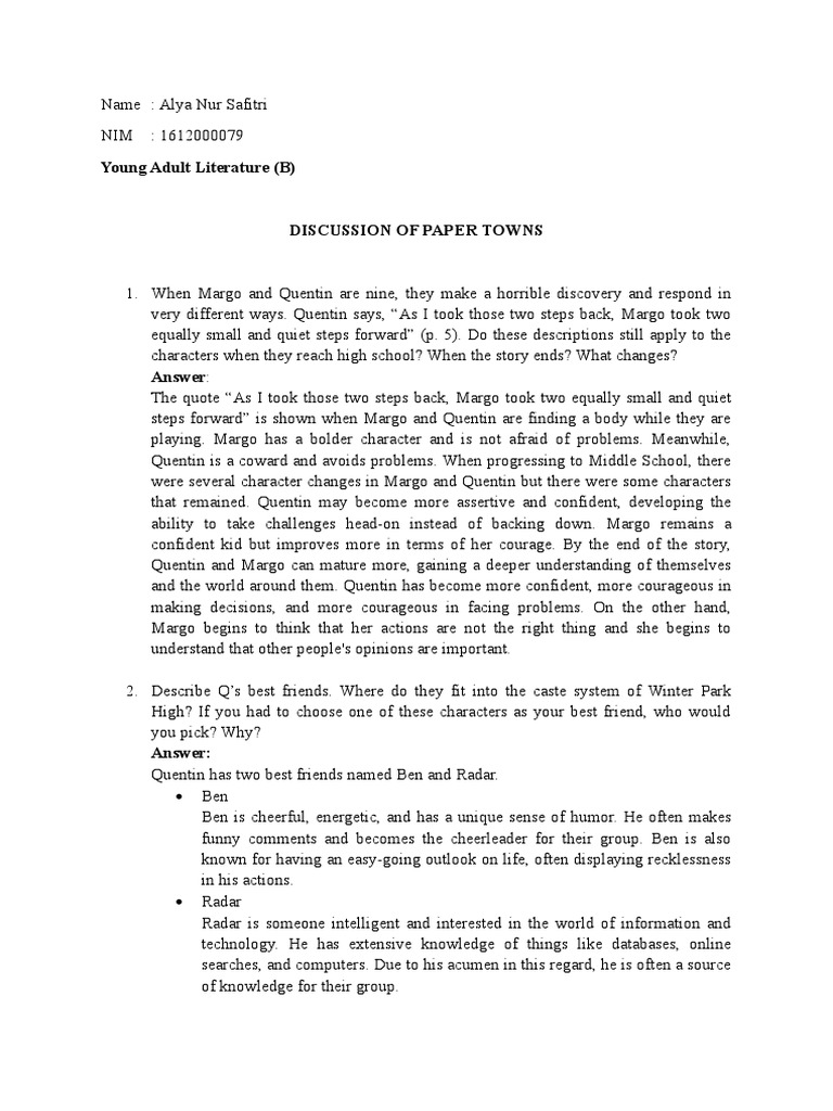Paper Towns Discussion - Alya Nur Safitri - 1612000079 | PDF
