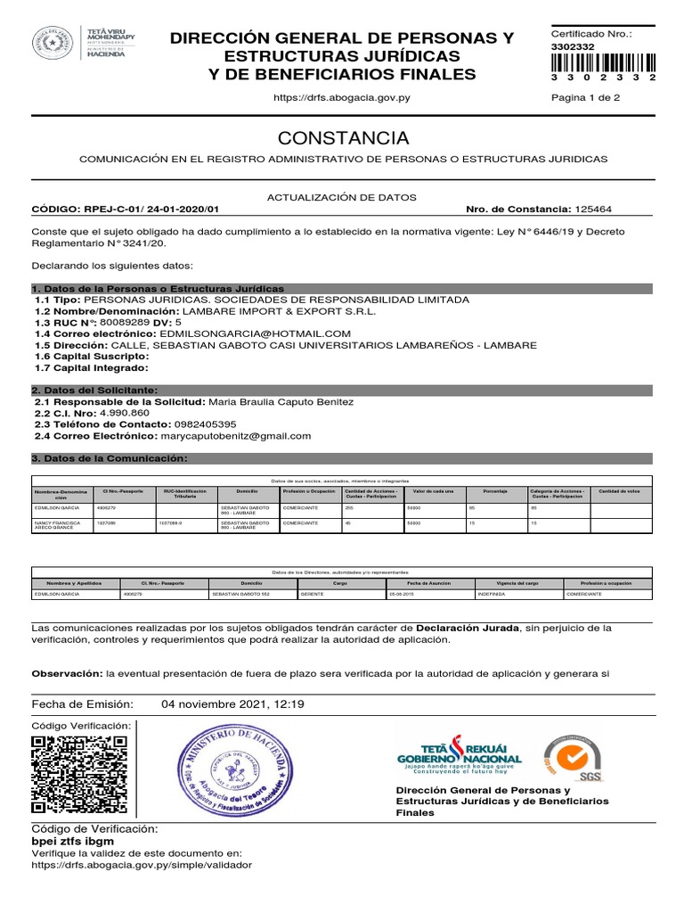 Constancia: Dirección General de Personas Y Estructuras Jurídicas Y de Beneficiarios Finales ...