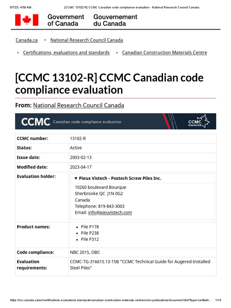 CCMC Canadian Code Compliance Evaluation - National Research Council Canada | PDF | Deep ...