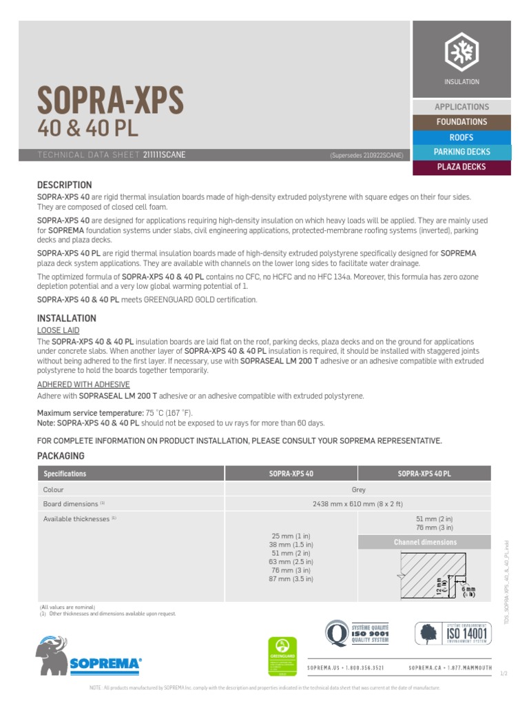 SOPRA XPS 40 - Technical Data Sheet | PDF | Polystyrene | Thermal Insulation