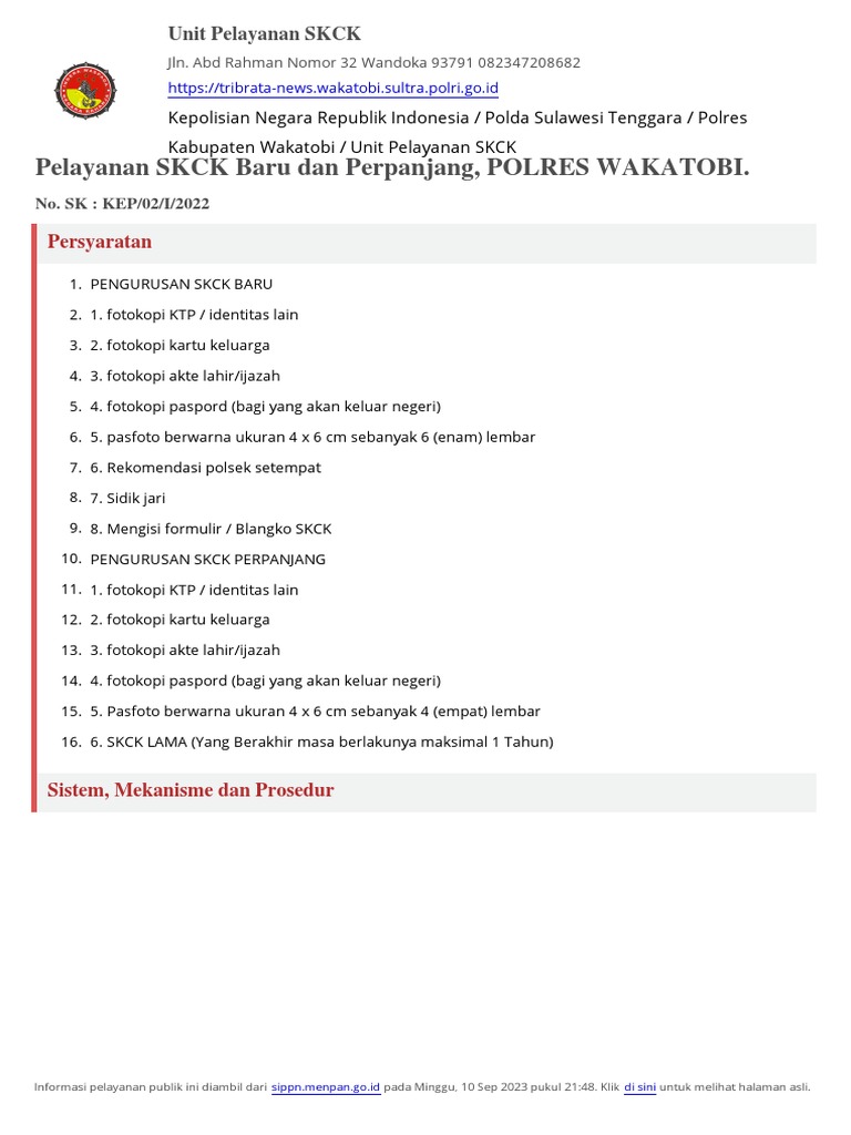 Unduh Standar Pelayanan - Pelayanan SKCK Baru Dan Perpanjang, POLRES WAKATOBI. | PDF | Hukum