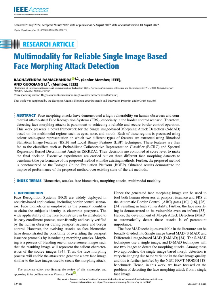 Multimodality For Reliable Single Image Based Face Morphing Attack Detection Pdf Biometrics