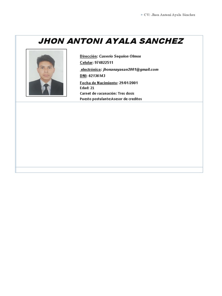 CV Jhon Antoni Ayala Sánchez - Asesor de Créditos | PDF